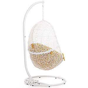 Zuri Furniture Modern Reef White Basket Swing Chair Yellow Cushion with Stand