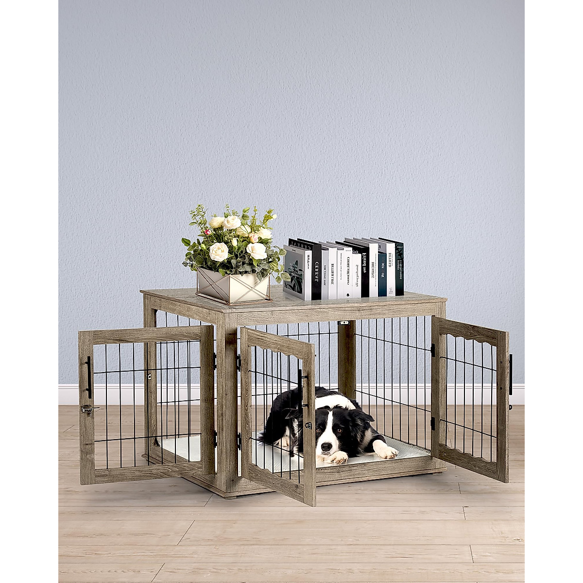 Upolana Large Dog Crate Furniture, 38 inch Dog Crates with Bed Pad, Wooden Dog Kennel Furniture, End Table Dog Cage with 3 Doors, Greige S35812