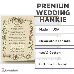 Wedding Handkerchief Poetry Hankie (Groom’s Mother to Bride) White, Lace Embroidered Bridal Keepsake, Beautiful Poem Card | Long-Lasting Memento for The Bride | Includes Gift Storage Box