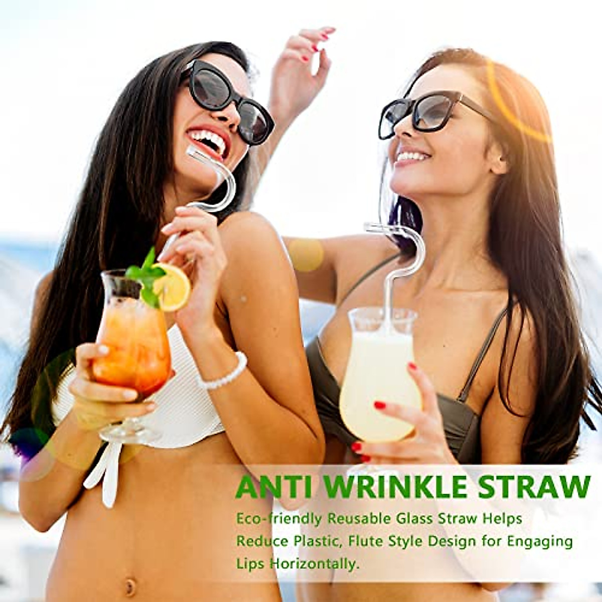 Anti Wrinkle Straw 2 Pcs, Reusable Glass Drinking Anti Wrinkle Straw, Curved No Wrinkle Straws Prevent Wrinkles Sideways Flute Straw, Engaging Lips Horizontally, Avoid Rubbing Off Lipstick, Set of 2