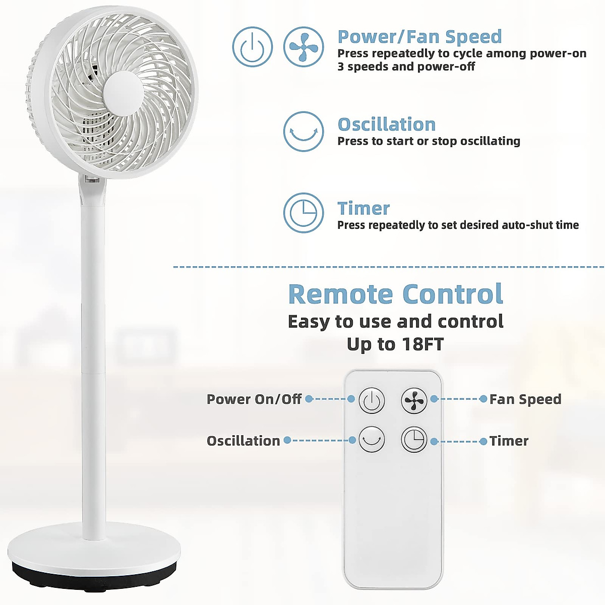 GOFLAME Pedestal Floor Fan with Remote Control, Portable Standing Fan with 85° Oscillation, 100° Tilt, 3 Wind Speeds and 7H Timer, Quiet Cooling Fan for Bedroom Living Room Home Office