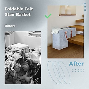 GEKMOR Foldable Felt Stair Basket for 16” Stairs, Large Staircase Baskets with Faux Leather Handles, Stairlift Basket for Wooden Stairs, Storage, Organizer, Home Decor