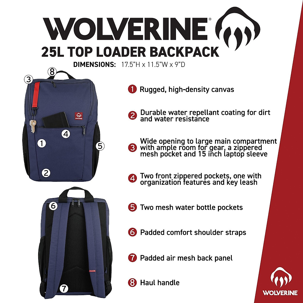 WOLVERINE Lightweight, Water Resistant Rugged Laptop Backpack for Travel or Work, Top Loader-Chestnut, 25L
