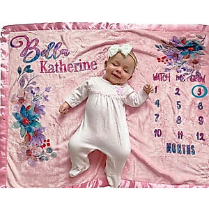 Personalize It Milestone Baby Blanket (Pink, 40 x 30) Custom Baby Girl Name Luxe Satin Trim Edge Double Sided Polar Fleece