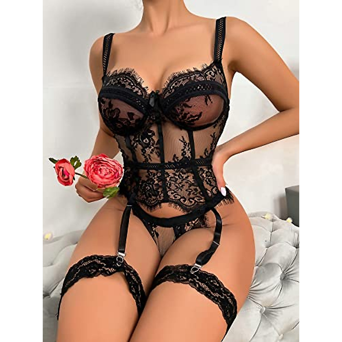 SOLY HUX Women's 3 Piece Floral Lace Garter Lingerie Bra and Panty Set Black L