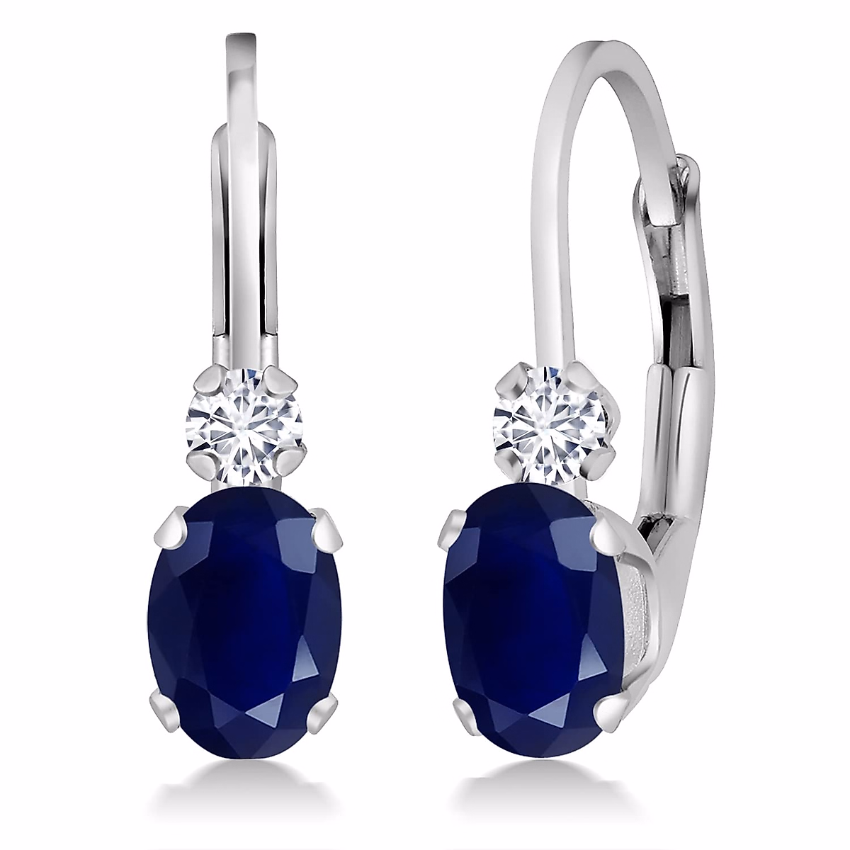 Gem Stone King 14K White Gold Blue Sapphire and White Diamond Leverback Earrings For Women | 1.17 Cttw | Gemstone September Birthstone | Oval 6X4MM, Round 2MM | 3/4 Inch