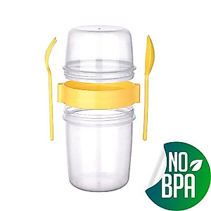 GanoOne On the Go Cups, Take and Go Cup with Topping Cereal or Oatmeal Container, Portable Lux Cereal To-Go Container with Top Lid Granola & Fruit Compartment (Yellow)