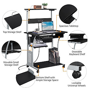 Topeakmart Rolling Computer Desk with Charging Station and 2 USB Ports for Small Space, Study Writing Desk with Keyboard Tray and Printer Shelf for Home Office, Compact Study Table with Wheels, Black