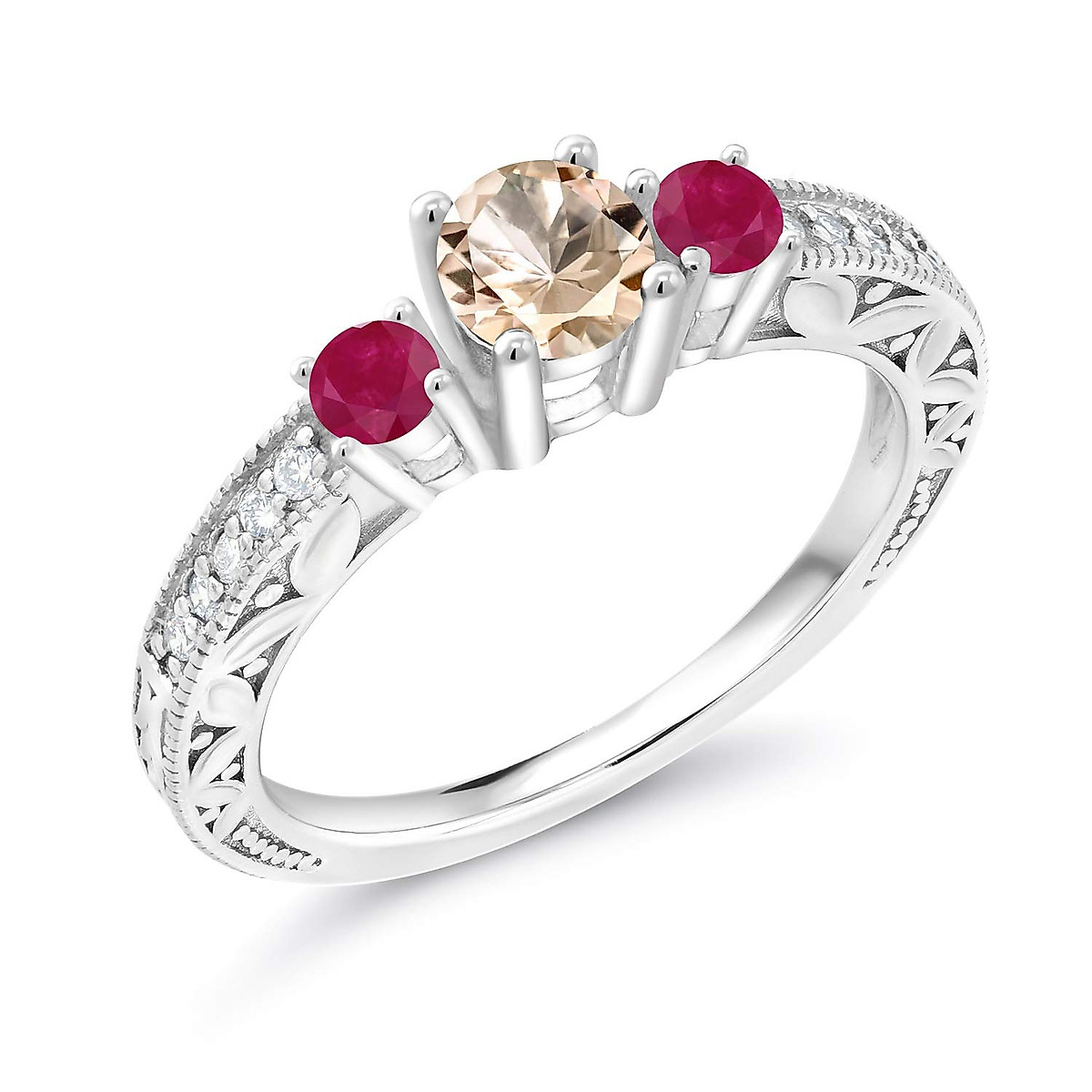Gem Stone King 925 Sterling Silver Round Peach Morganite and Red Ruby Engagement Ring For Women (0.84 Cttw, Gemstone Birthstone, Available In Size 5, 6, 7, 8, 9)
