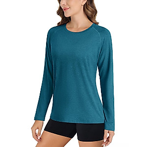 MAGCOMSEN Long Sleeve Shirts for Women Workout Running T Shirts Athletic Quick Dry Gym T Shirts Summer Lightweight Hiking Fishing T Shirts Peacock Blue L