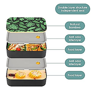 Tropical Pattern with Monstera Leaves Bento Lunch Box Leak-Proof Bento Box Food Containers with 2 Compartments for Offce Work Picnic Black-Style