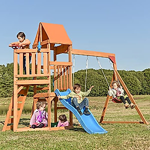 MengK Wooden Swing Set with Slide, Climbing Wall, Sandbox and Wood Roof, Outdoor Playhouse Backyard Activity Playground Playset for Toddlers