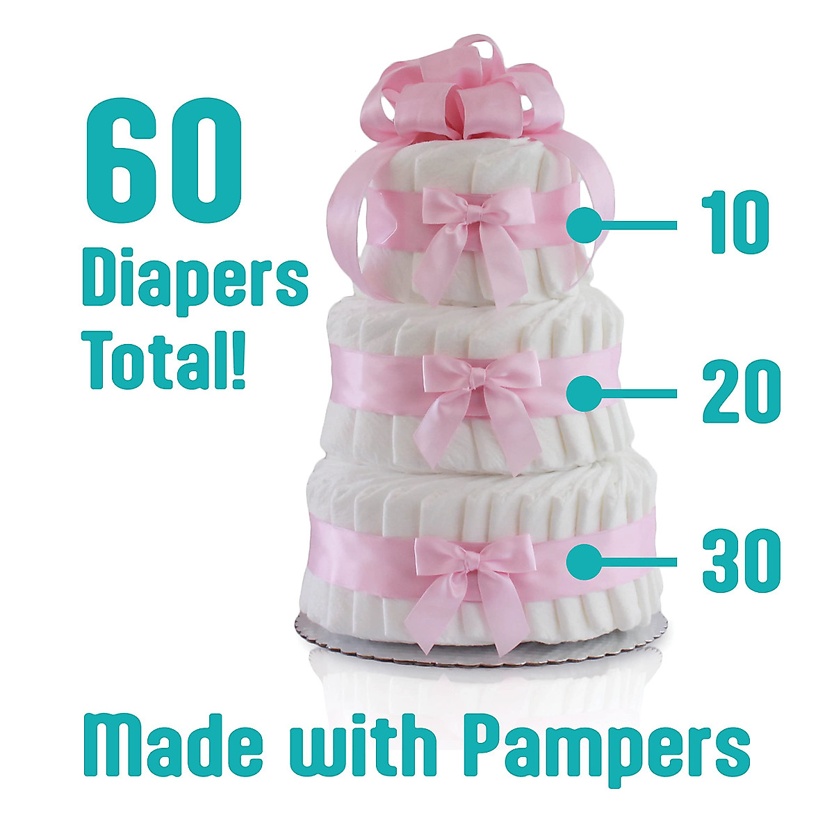 Classic Pastel Baby Shower Diaper Cake (3 Tier, Pink)
