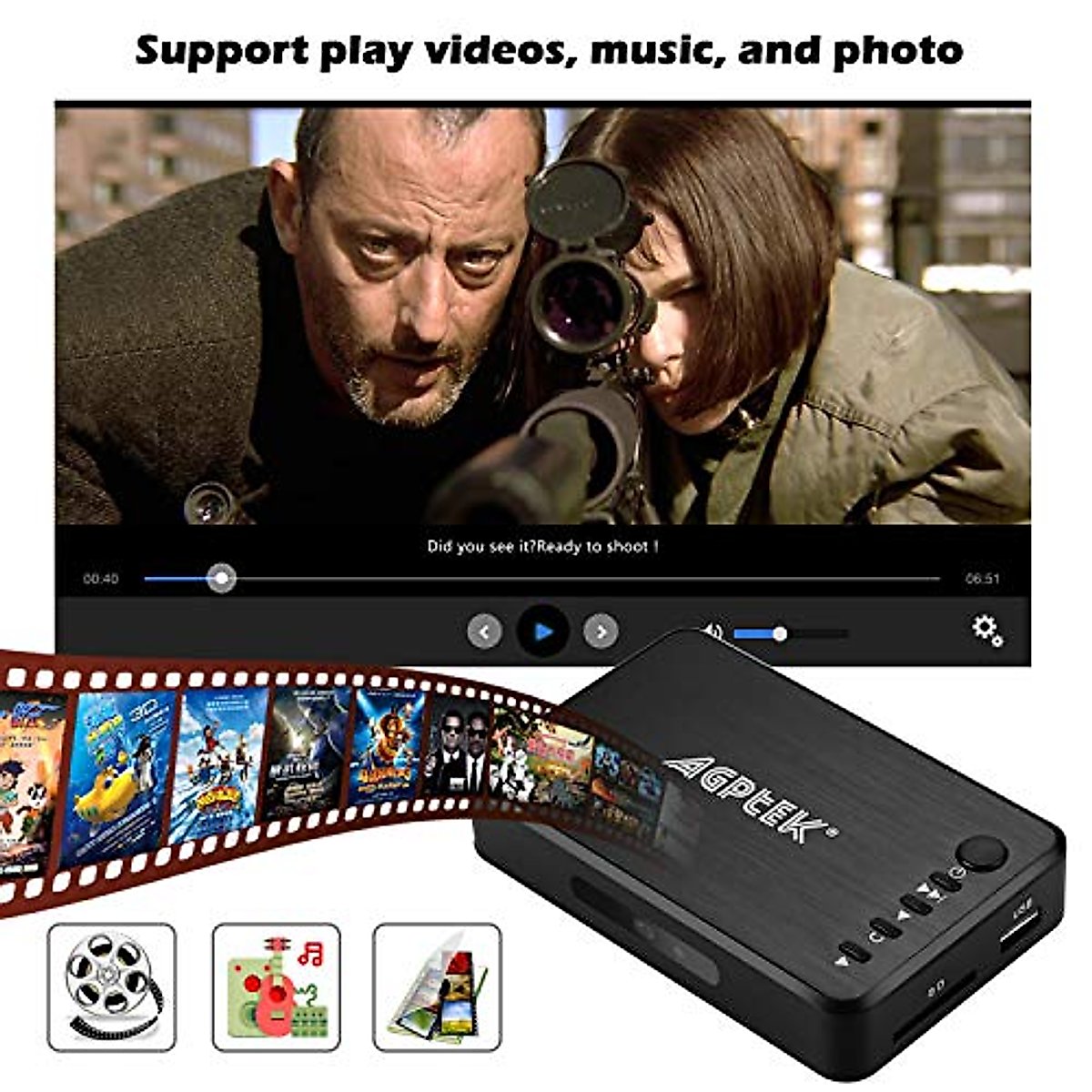 AGPTEK 1080P Media Player Read USB Drive/SD Card with HD HDMI/AV/VGA Output for RMVB/MKV/JPEG etc with Remote Control