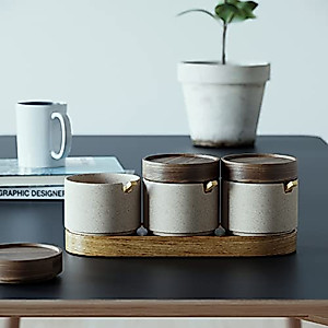 ISABETTA 3 Pcs Sugar Bowls Ceramic Condiment Pots，Ceramic spice jar，Ceramic Seasoning Jar with Wooden Lid Spoon and Tray for Home and Kitchen