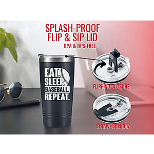 Onebttl Baseball Lovers Gifts, Baseball Gifts for Coach, Men, Dad on Birthday Christmas, 20oz Stainless Steel Tumbler - Eat Sleep Baseball Repeat, Black
