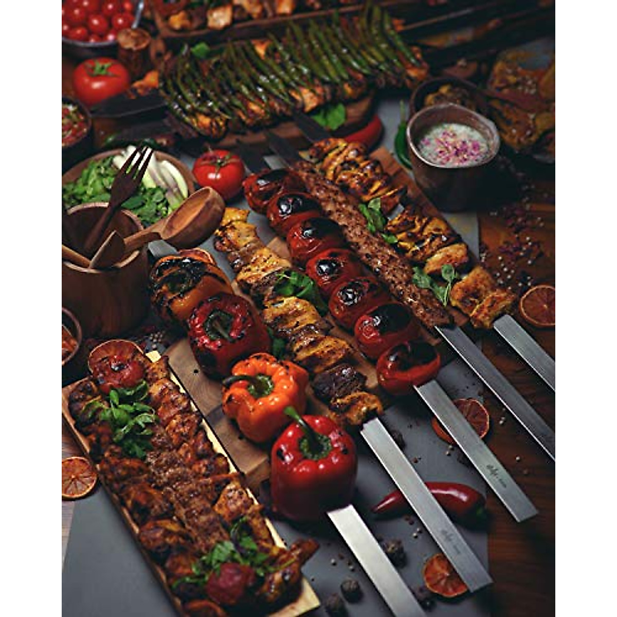 + HOM 6 Kebab 1" Wide Flat Skewers, Stainless Steel, No-Wood Handle, Koobideh Persian Kabob, Carrying Case