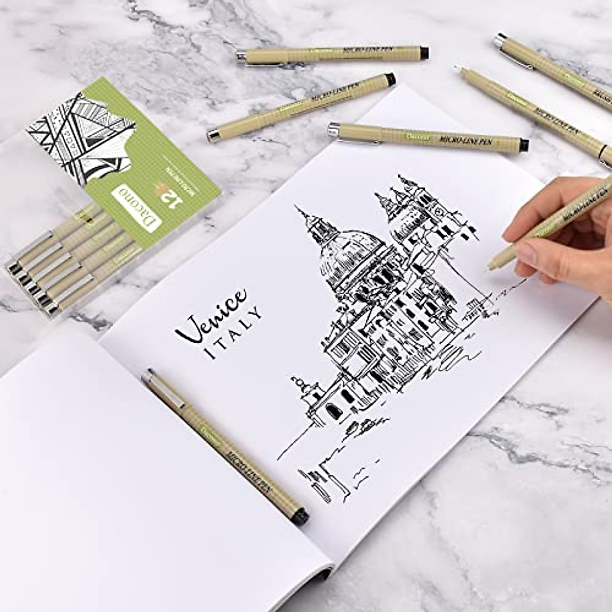 Dacono Drawing Pens, Set of 12 Micro-Pen Fineliner Ink Pens, Black Precision Multiliner Pens for Artist Illustration, Sketching, Calligraphy,Technical Drawing, Manga, Anime, Scrapbooking