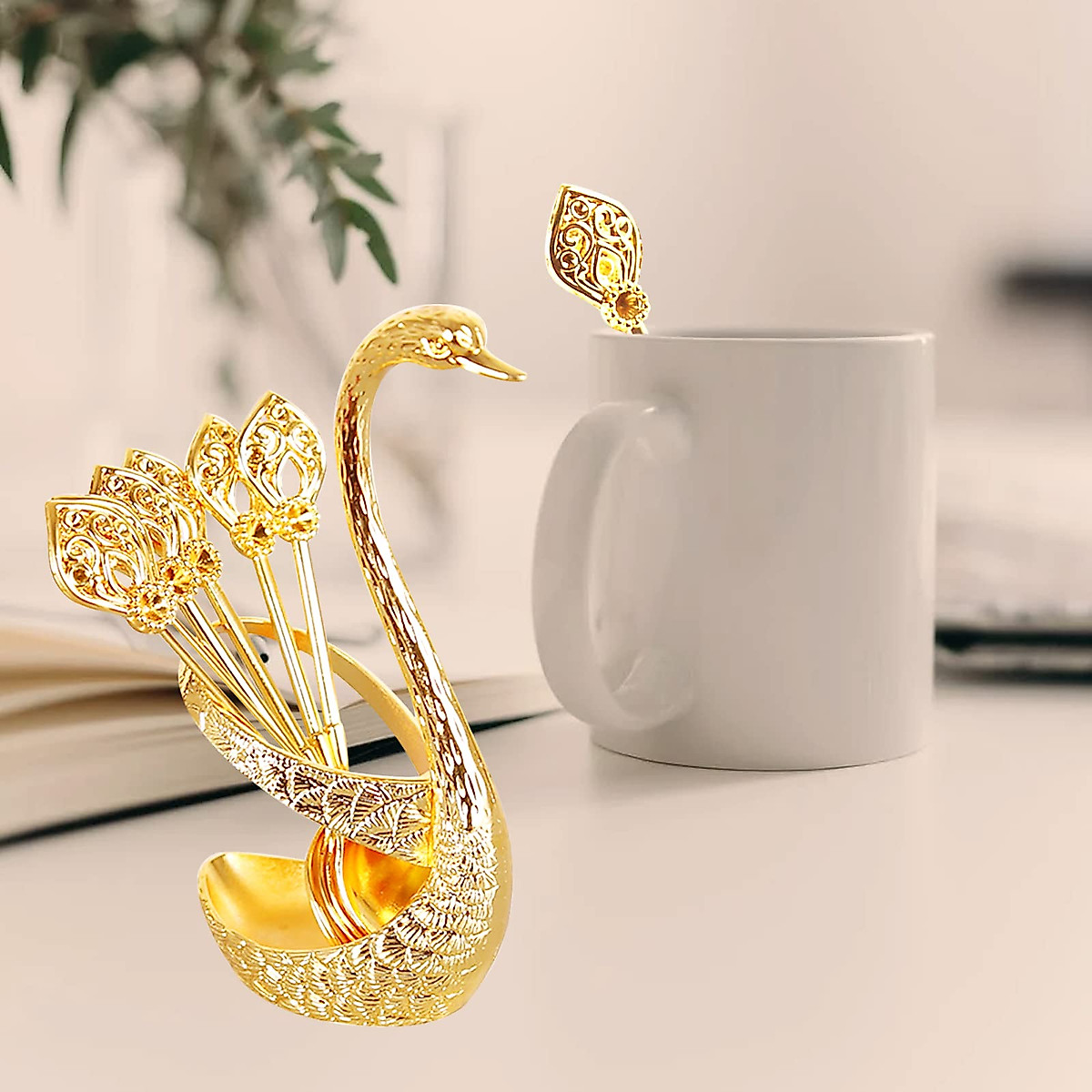 Decorative Gold Swan Base Holder with 6Pcs Coffee Spoon set, Metal Swan Base Holder Spoon Organizer with 6 Spoons, Small Delicate Spoons for Coffee Fruit Dessert Ice Cream Cake