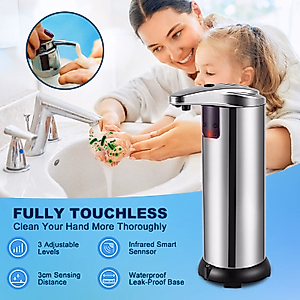Automatic Soap Dispenser, Touchless 3-Level Adjustable Hand Sanitizer Dispenser, Equipped Upgraded Waterproof Base Infrared Sensor, Stainless Steel Liquid Soap Dispenser for Kitchen Bathroom (280ml)