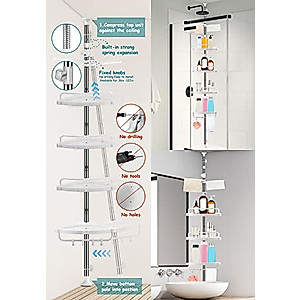 XLHOMO 36 to 122 Inch Corner Shower Caddy Tension Pole, Rustproof Drill-Free Shower Shelves for Bathroom, Shower Organizer with 4 Tier Adjustable Shelves Towel Bars