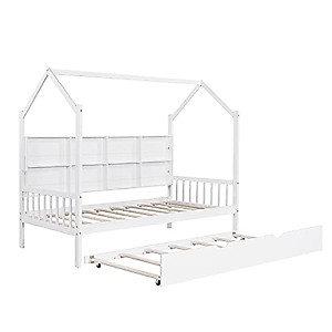 Wood Twin Bed w/ Trundle, Open Shelf & Roof for Boys Girls, House Bed w/ Trundle Bookcase & Wood Support Slats, No Box Spring Needed, Boys Girls Twin House Bed w/ Shelf Bookcase for 2 Kids Bedroom