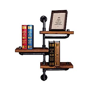 FOTEE Industrial Bookshelf Pipe Shelves 3 Tiers, Rustic Wood Shelf Wall Mounted, Metal Corner Hung Bracket Shelving Floating Shelves for Books, Bedroom, Living Room, Bathroom,Black