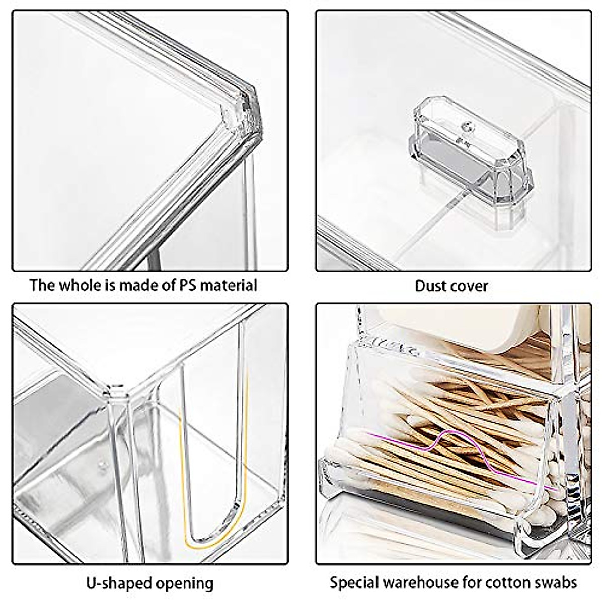 LENNXIER Q Tips Holder Cotton Pads Holder Cotton Balls Swab Holder Container with Lid 4-Grid Q-tip and Cotton Ball Holder Makeup Pad Box Cosmetic Storage Case,Acrylic Crystal Clear