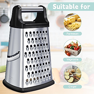 Kaishun Professional Cheese Grater, XL Size 4-Sided Stainless Steel Box Grater, Food Shredder for Cheese, Parmesan, Vegetable, Dishwasher Safe, Black