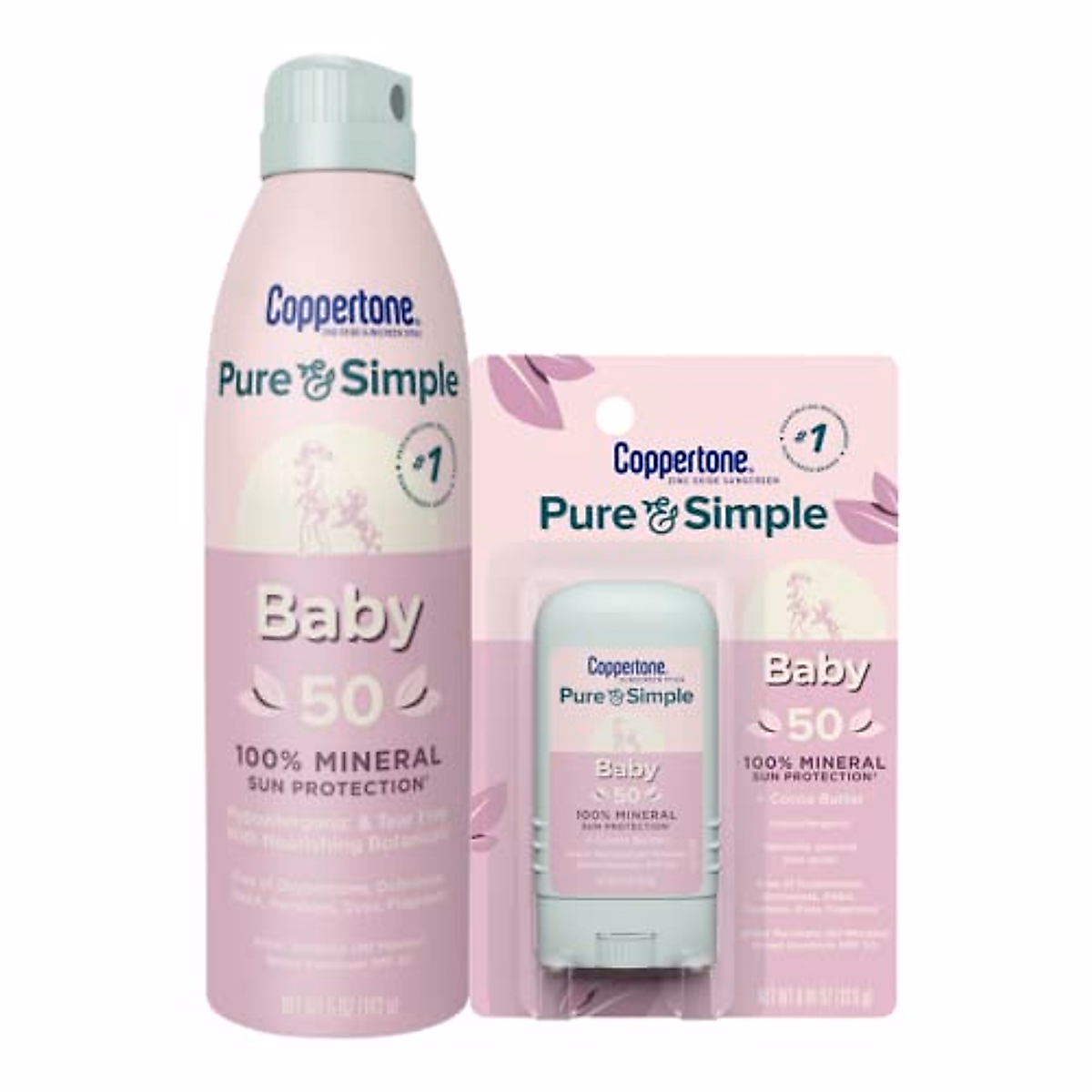 Coppertone Pure and Simple Baby Mineral Sunscreen Pack, Hypoallergenic and Tear Free Sunscreen for Babies, Baby Sunscreen Spray SPF 50, 5 Oz Can + Baby Sunscreen Stick SPF 50, 0.49 Oz