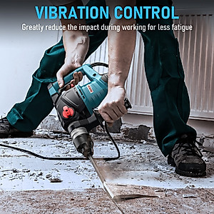 ENEACRO 1-1/4 Inch SDS-Plus 12.5 Amp Heavy Duty Rotary Hammer Drill, Safety Clutch 3 Functions with Vibration Control Including Grease, Chisels and Drill Bits with Case