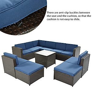 Merax 9-Piece Patio Furniture Set Outdoor Conversation PE Wicker Rattan Sectional Sofa, Coffee Table and Ottoman, Blue