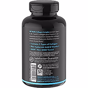 Sports Research Multi Collagen Pills (Type I, II, III, V, X) Hydrolyzed Collagen Peptides with Hyaluronic Acid + Vitamin C | Non-GMO Verified & Gluten Free - 90 Capsules