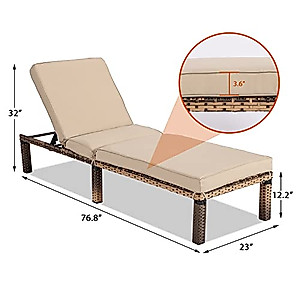 LETATA Patio Rattan Lounge Chair Outdoors with Adjustable Backrest Height, Sunbed Outdoor Wicker Chaise Longue with Removable Thickened Cushions for Poolside,Garden,Backyard,Lawn