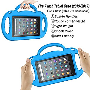LTROP Kindle Fire 7 Tablet Case, Fire 7 2019/2017 Case for Kids - Light Weight Handle Stand Shoulder Strap Child-Proof Case for Fire 7-inch Display Tablet (9th Generation & 7th Gen) - Blue