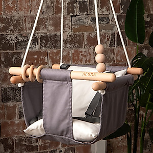 Alora Baby Swing Seat - Hanging Swing Seat with 5-Point Harness Safety Belt, for Baby, Toddler, Tree Swing, Playground, Indoor & Temporary Outdoor Swing, - Two Toned (Grey & White)
