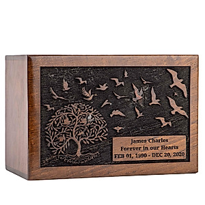 INTAJ Cremation Urn for Human Ashes Adult Male Female - Tree of Life Wooden Box Urn for Ashes - Handmade Decorative Funeral Urn (Customised Tree Birds, L (9x6x5) 185 Cu/in)