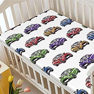 Cars Themed Fitted Mini Crib Sheets,Portable Mini Crib Sheets Soft & Stretchy Fitted Crib Sheet-Crib Mattress Sheet or Toddler Bed Sheet, 24“ x38“,Fern Green Purple Red