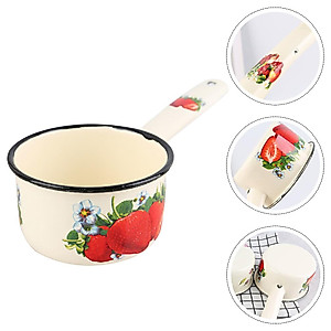 DOITOOL Enamel Milk Pan Vintage Chinese Mini Butter Warmer Nonstick Saucepan Pan with Pour Spout Melting Pot Enamelware for Induction Electric Gas Stoves Long Handle Water Ladle