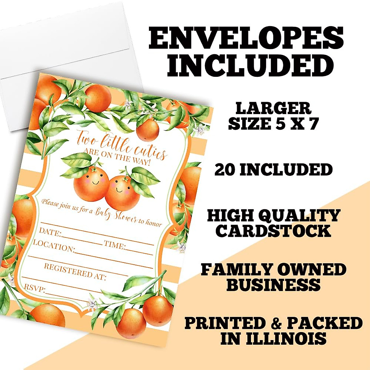 Amanda Creation Two Little Cuties Twin Baby Shower Invitations, 20 5x7 Fill-In Cards with Twenty White Envelopes