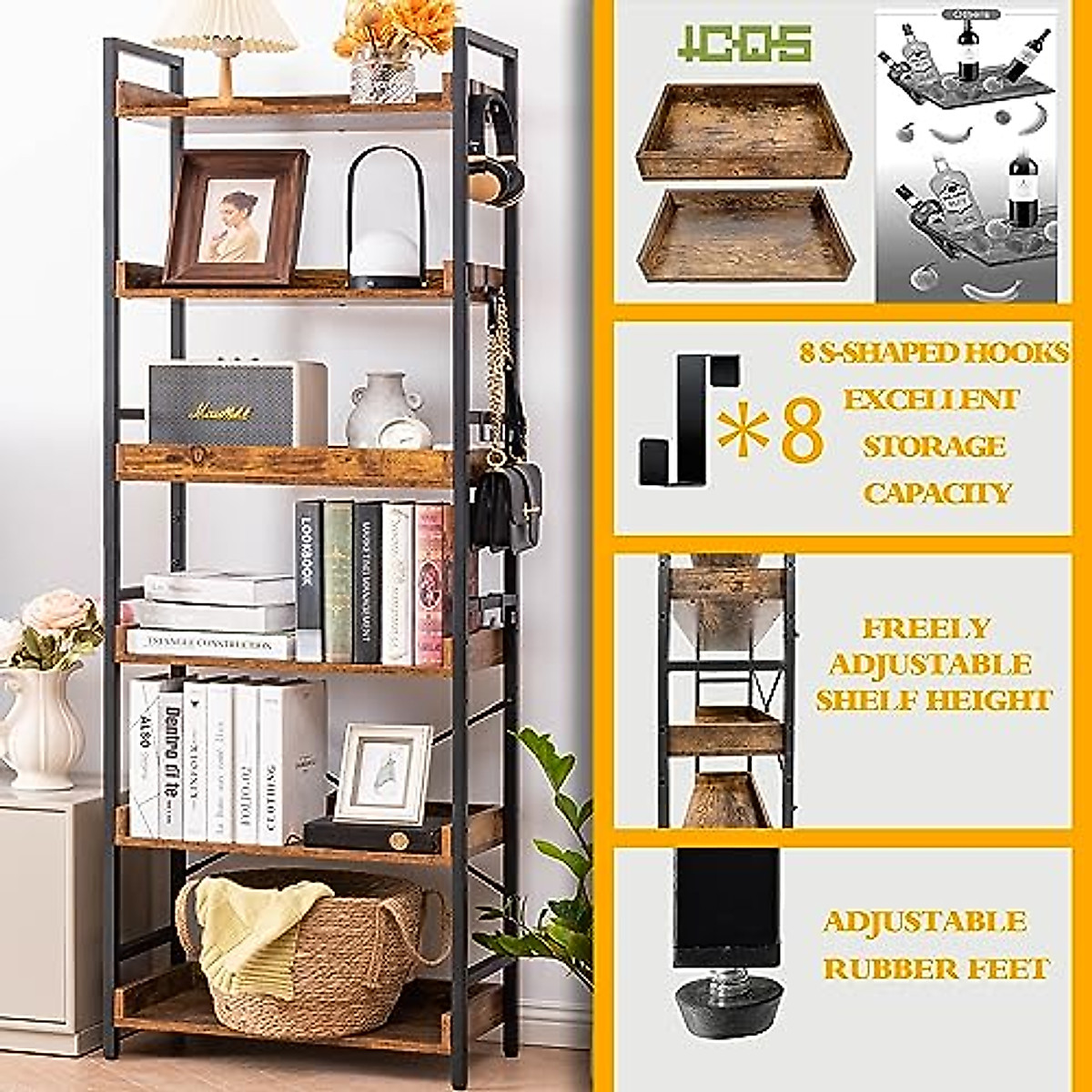 HCHQHS Bookshelf Adjustable 6 Tier Open Bookcase,Rustic Farmhouse Book Shelves, Industrial Wood and Black Metal Bookshelves,Mid Century Bookcase for Home Office Living Room Bedroom (Rustic, 6 Tier)