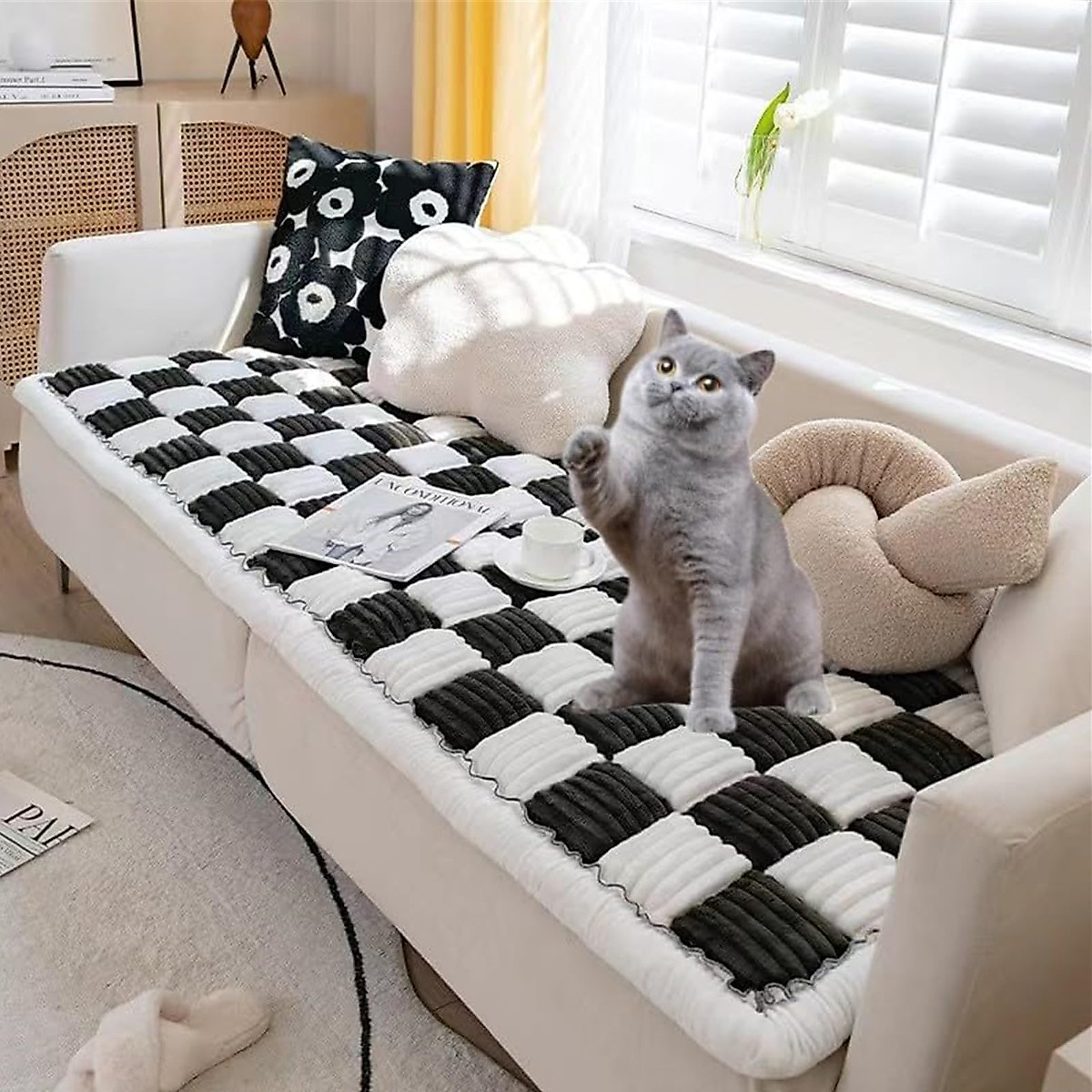 Funnyfuzzy Cream-Coloured Large Plaid Square Pet Mat Bed Couch Cover,Garden Chic Cotton Protective Couch Cover,A Chic Slipcovers for Pet Owners,Non-Sticky Cat/Dog Hair (27.6x70.9 in, Black)
