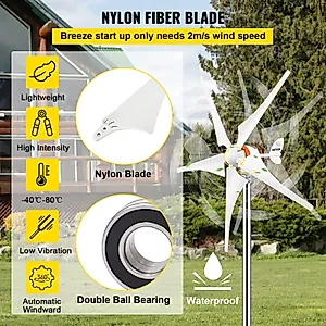 VEVOR, 12V/AC Turbine Kit, 400W Wind Power Generator with MPPT Controller 5 Blades Auto Adjust Windward Direction Suitable for Terrace, Marine, Motor Home, Chalet, Boat, White