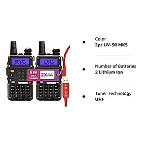 Mirkit 2X Baofeng UV-5R MK5 8W Max Power 2024 Ham Radio VHF/UHF 144-148/420-450 mhz with Lanyard for Radio - 1800mAh Li-ion Baofeng Battery and FTDI Programming Cable Compatible for Walkie Talkie