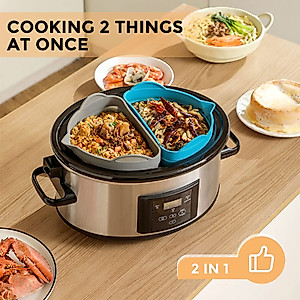 Slow Cooker Divider Liner Fit 6 QT Crockpot, 2 in 1 Reusable & Leakproof Silicone Crockpot Divider Slow Cooker Divider with 2pcs Anti-Hot Glove