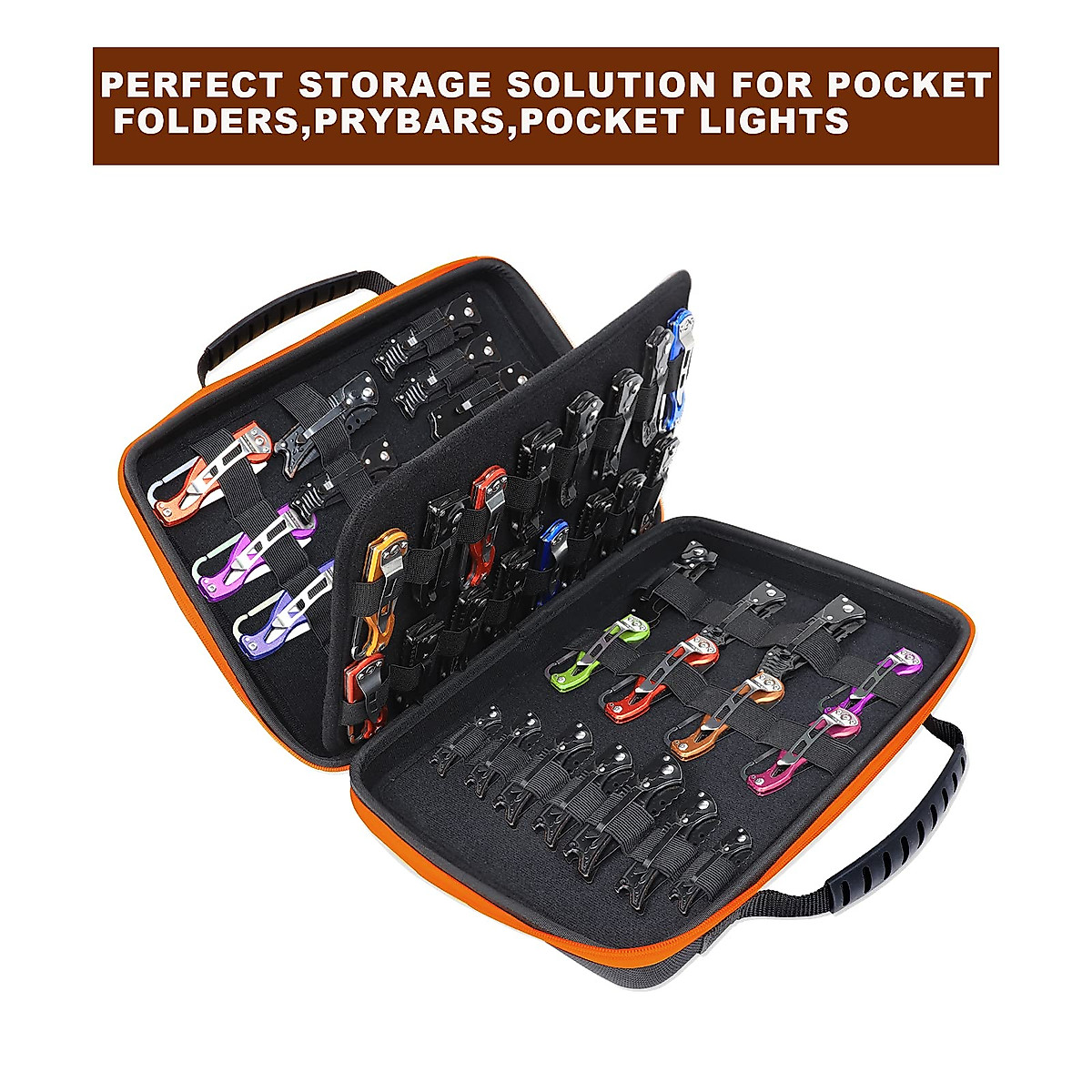 Pocket Knife Display Case, Folding Knife Holder, Mini Knives Carrying Case,Small Knife Collection Pouch Carrier Roll for Hiking,Hunting and Camping Outdoor Activities, Black & Orange, 62 Slots