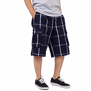 Shaka Wear Men’s Cargo Shorts – Casual Plaid Relaxed Loose Fit Elastic Waist Multi Pocket Pants Regular Big Size SP1703 Navy 2X