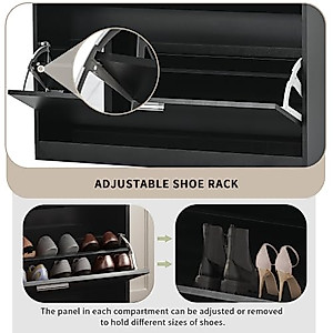 FridayParts Slim Entryway Organizer with 2 Flip, Tempered Glass Top Storage Cabinet with Drawer, Free Standing Shoe Rack with LED Light for Hallway, Black