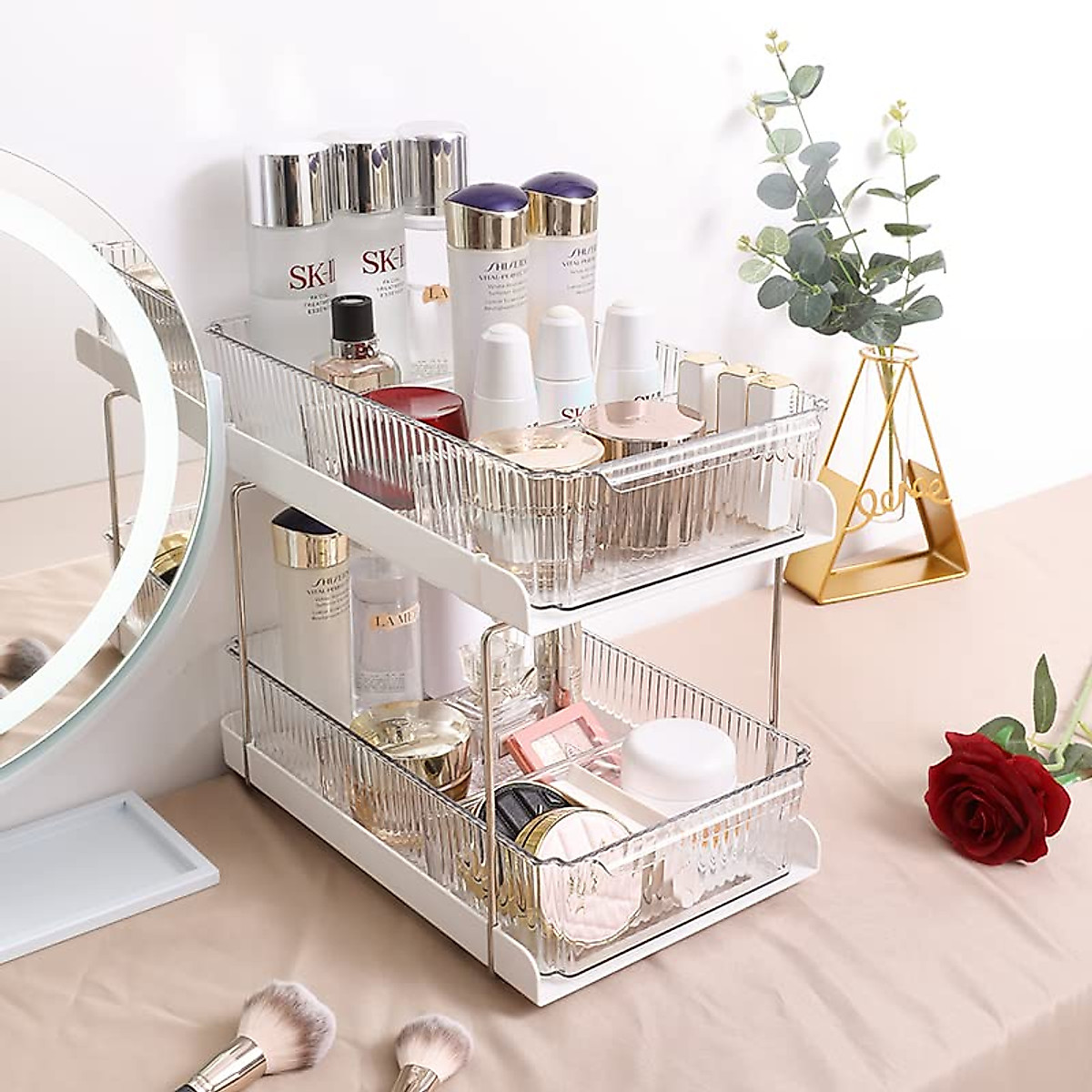 Under Sink Organizer 2-Tier Sliding Under Cabinet Bathroom Sink Organizer, Multi-Purpose Under Sink Storage Shelf Rack for Bathroom Kitchen, Clear