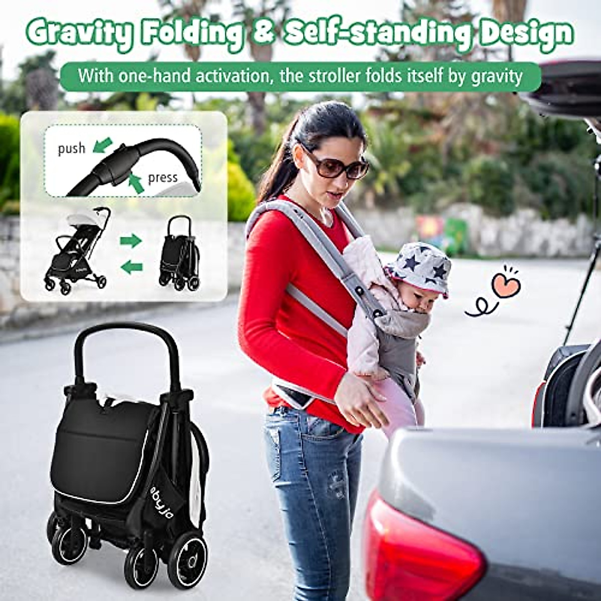 BABY JOY Lightweight Baby Stroller, Compact Travel Stroller for Airplane, Infant Toddler Stroller w/Adjustable Backrest & Canopy, Storage Basket, Self Standing Gravity Fold, Aluminium Frame (Gray)